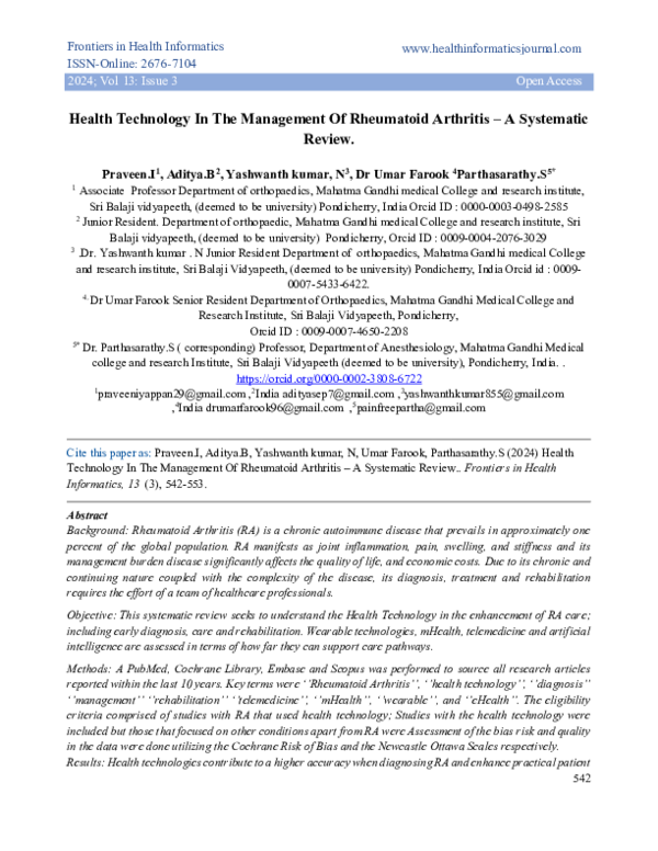 (PDF) Health Technology In The Management Of Rheumatoid Arthritis -A ...