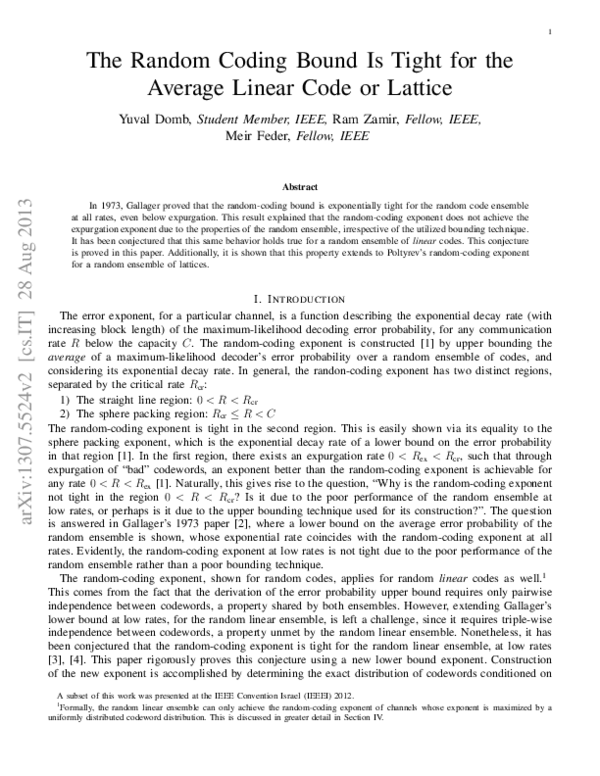 (PDF) The Random Coding Bound Is Tight for the Average Linear Code or Lattice