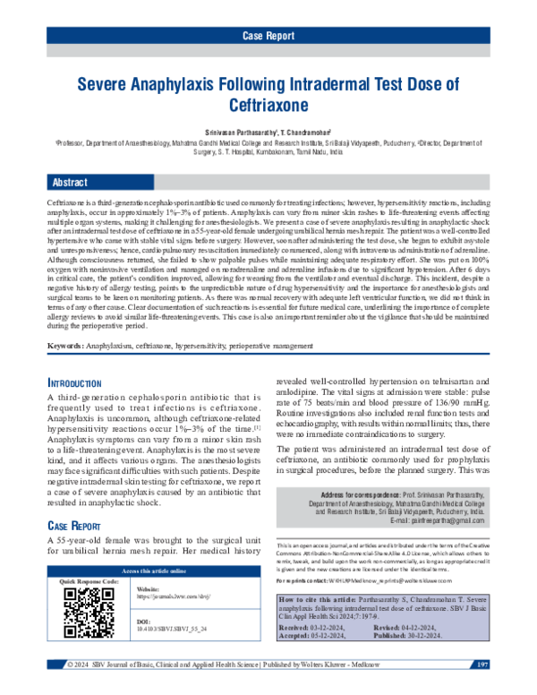 (PDF) Severe Anaphylaxis Following Intradermal Test Dose of Ceftriaxone