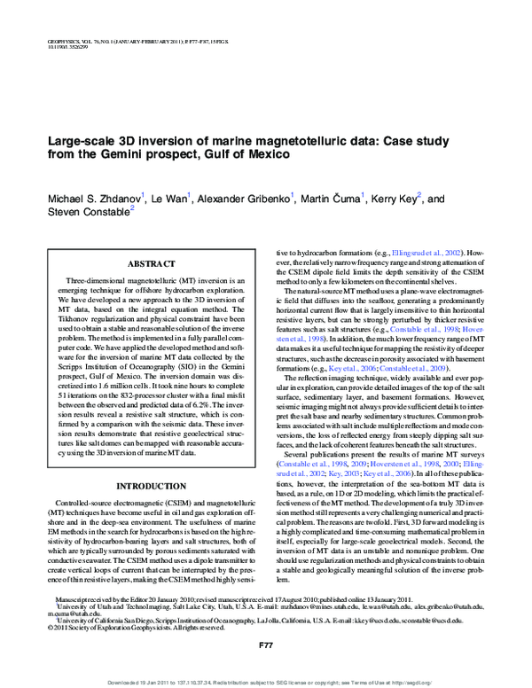 (PDF) Large-scale 3D inversion of marine magnetotelluric data: Case study from the Gemini ...