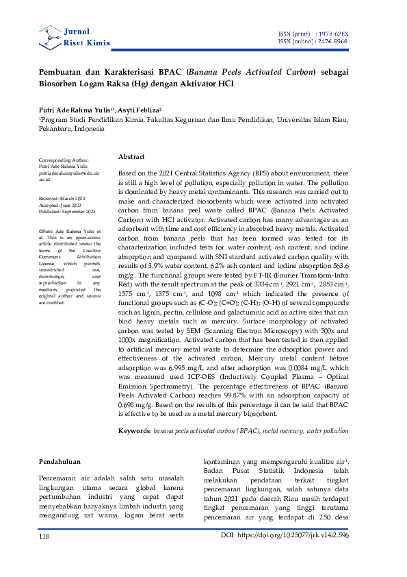 (PDF) Pembuatan dan Karakterisasi BPAC (Banana Peels Activated Carbon) Sebagai Biosorben Logam ...