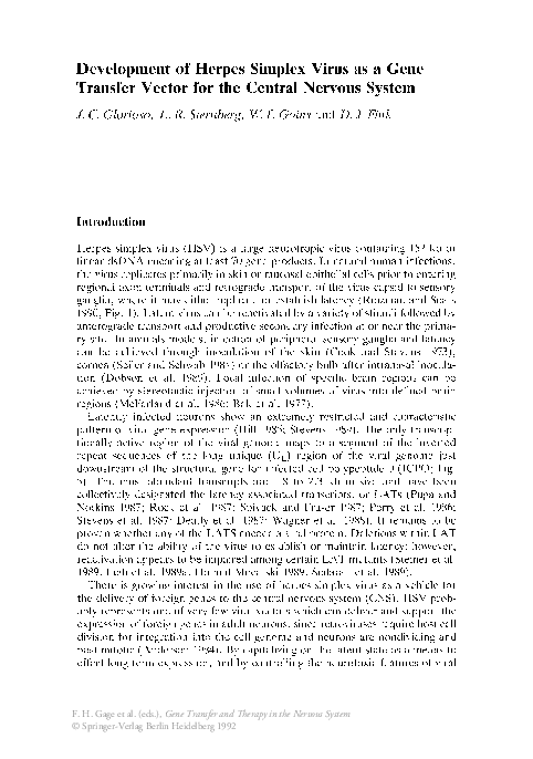 Development of Herpes Simplex Virus as a Gene Transfer Vector for the Central Nervous System