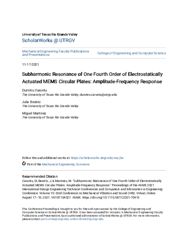 (PDF) Subharmonic Resonance of One Fourth Order of Electrostatically ...