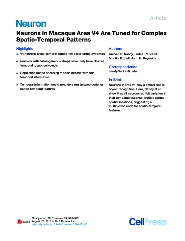 (PDF) Neurons in Macaque Area V4 Are Tuned for Complex Spatio-Temporal ...
