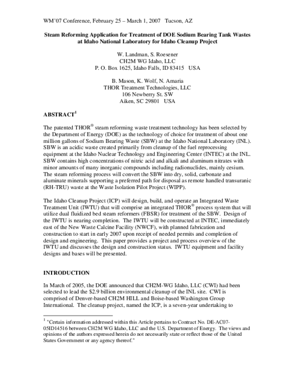 (PDF) Steam Reforming Application for Treatment of DOE Sodium Bearing ...
