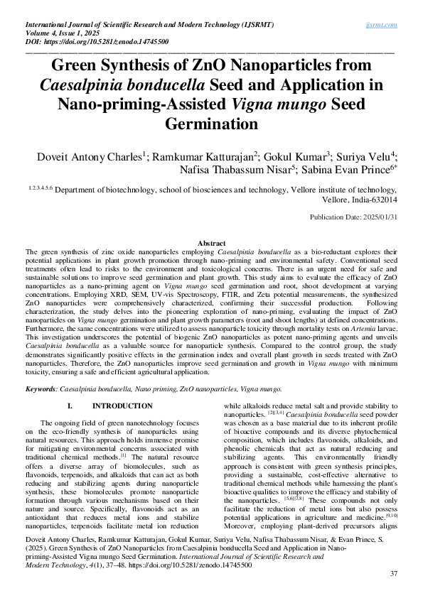 (PDF) Green Synthesis of ZnO Nanoparticles from Caesalpinia bonducella Seed and Application in ...