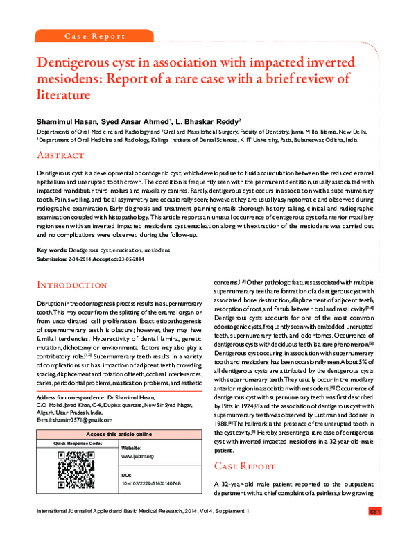 (PDF) Dentigerous cyst in association with impacted inverted mesiodens ...