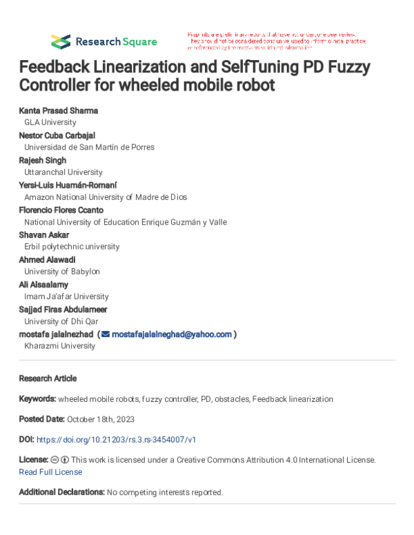 (PDF) Feedback Linearization and SelfTuning PD Fuzzy Controller for wheeled mobile robot