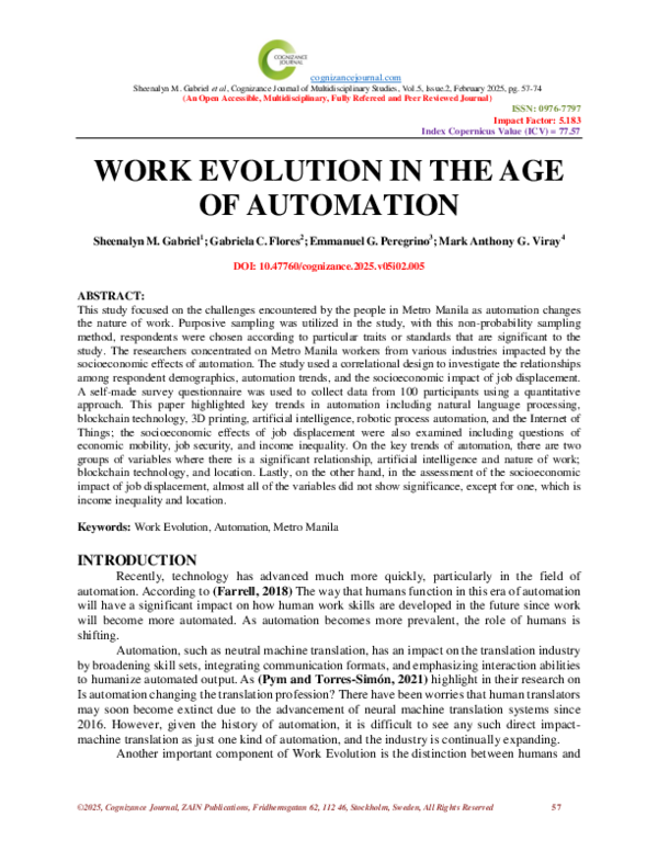 (PDF) WORK EVOLUTION IN THE AGE OF AUTOMATION