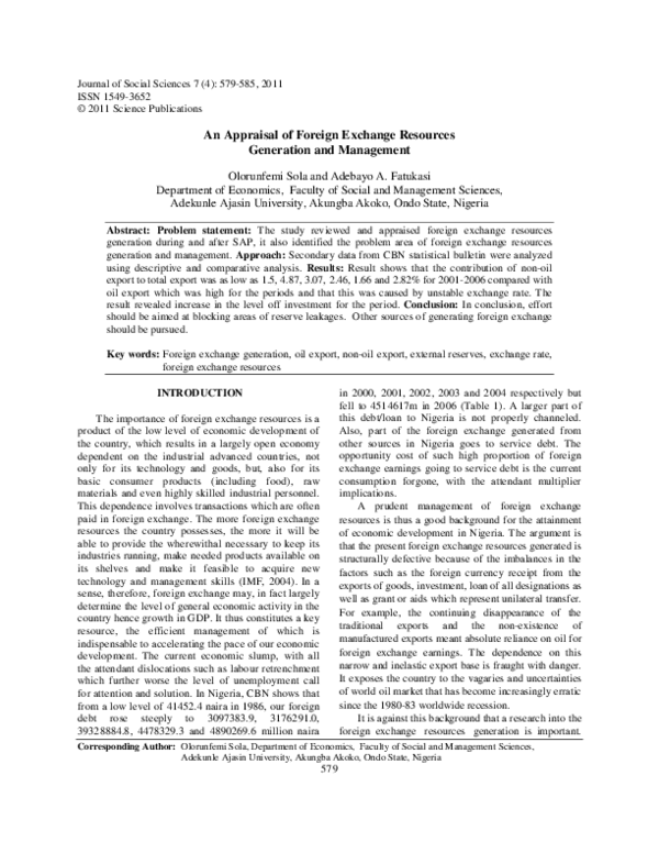 (PDF) An Appraisal of Foreign Exchange Resources Generation and Management