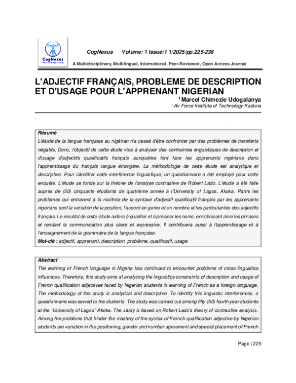 (PDF) L'ADJECTIF FRANÇAIS, PROBLEME DE DESCRIPTION ET D'USAGE POUR L ...
