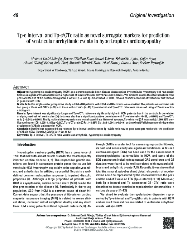 (PDF) Tp-e interval and Tp-e/QTc ratio as novel surrogate markers for prediction of ventricular ...