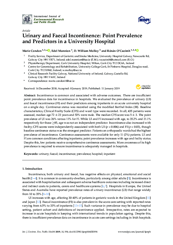 (PDF) Urinary and Faecal Incontinence: Point Prevalence and Predictors ...