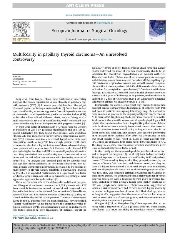 (PDF) Multifocality in papillary thyroid carcinoma. Is it always the ...