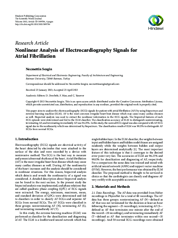 (PDF) Nonlinear Analysis of Electrocardiography Signals for Atrial Fibrillation