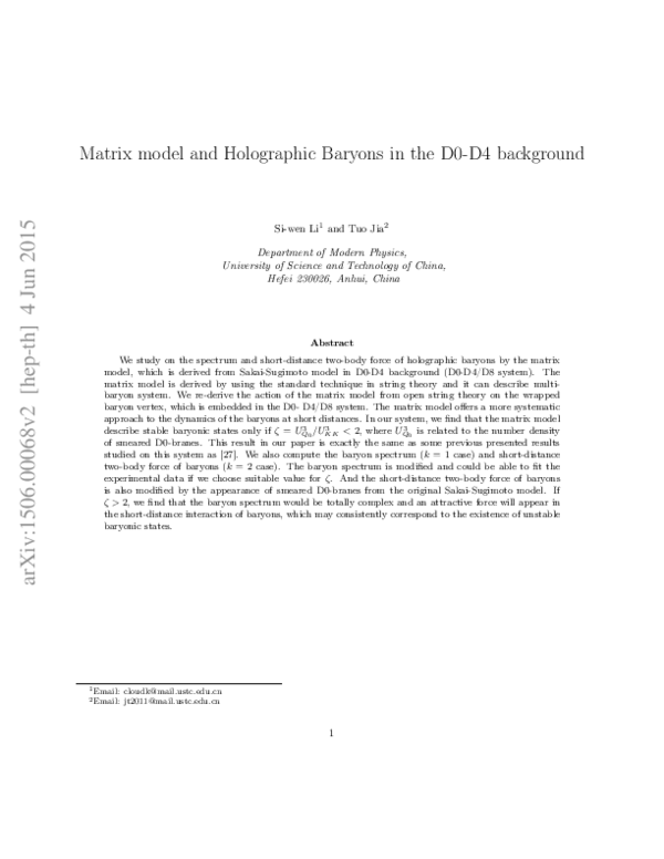 (PDF) Matrix model and holographic baryons in the D0-D4 background