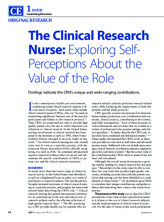 (PDF) CE: Original Research: The Clinical Research Nurse: Exploring Self-Perceptions About the ...