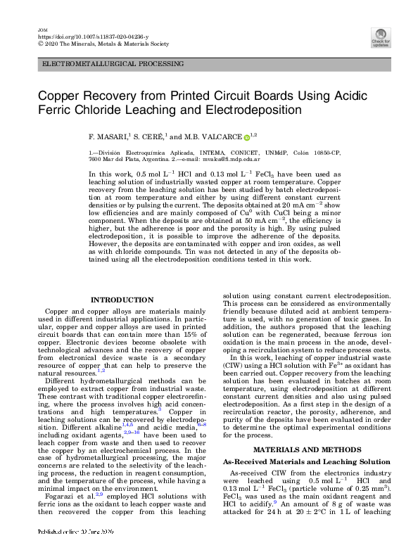 (PDF) Copper Recovery from Printed Circuit Boards Using Acidic Ferric ...