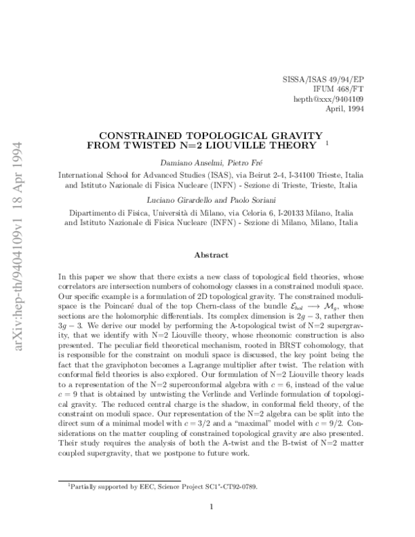 (PDF) Constrained topological gravity from twisted N=2 Liouville theory