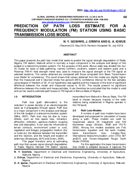 Pdf Prediction Of Path Loss Estimate For A Frequency Modulation Fm Station Using Basic