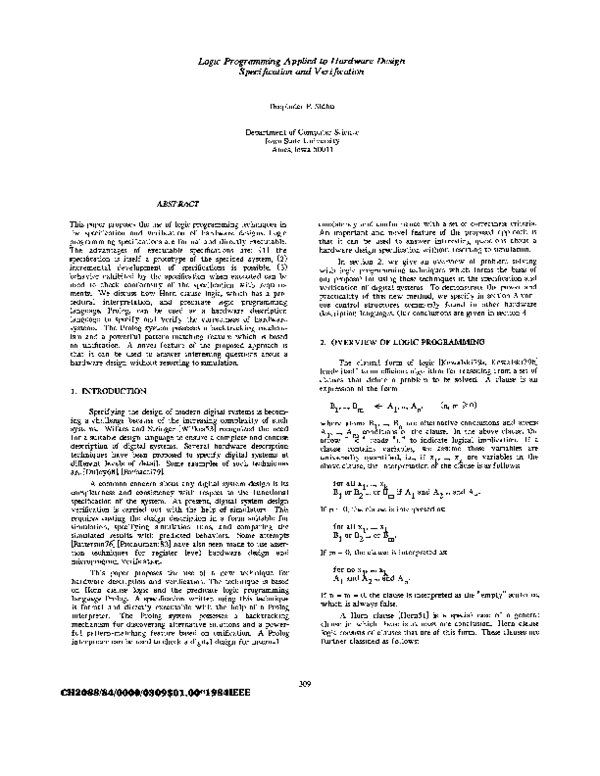 (PDF) Logic programming applied to hardware design specification and verification