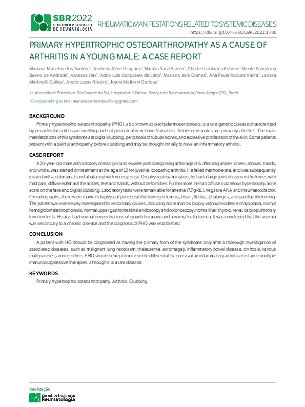 (PDF) Primary Hypertrophic Osteoarthropathy as a Cause of Arthritis in ...