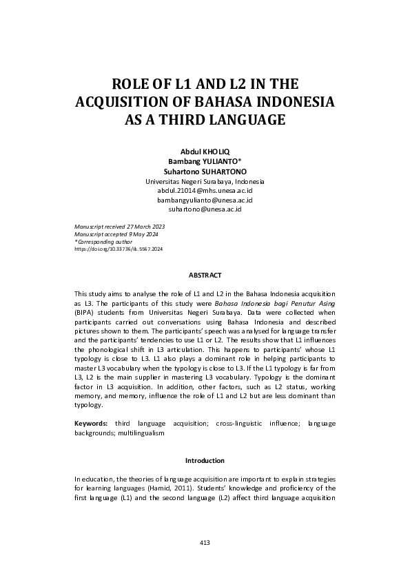(PDF) Role of L1 and L2 in the Acquisition of Bahasa Indonesia as a Third Language