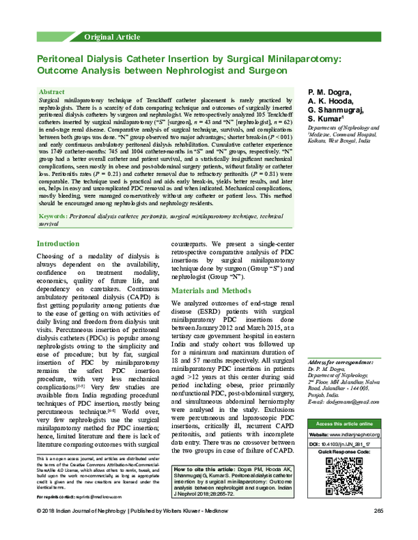 (PDF) Peritoneal dialysis catheter insertion by surgical minilaparotomy: Outcome analysis ...