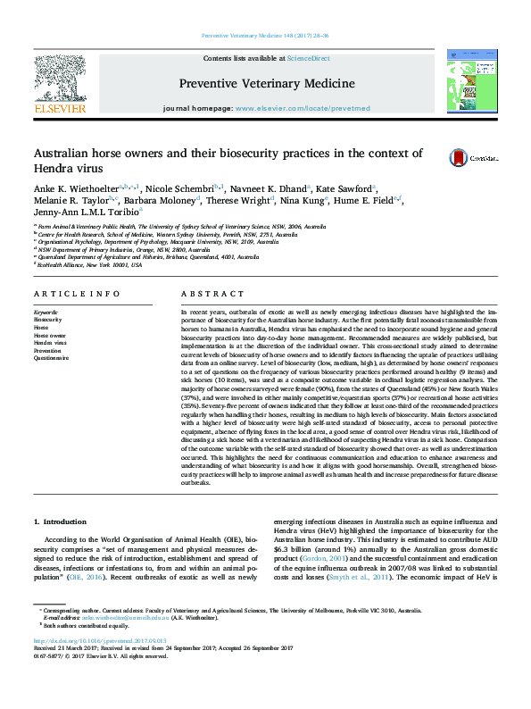 (PDF) Australian horse owners and their biosecurity practices in the ...