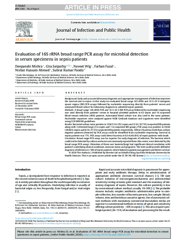 (PDF) Evaluation of 16S rRNA broad range PCR assay for microbial detection in serum specimens in ...