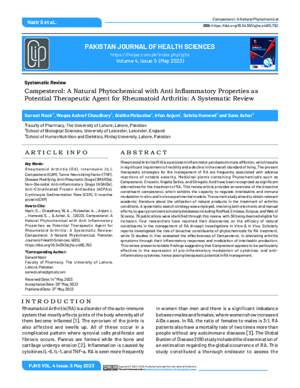 (PDF) Campesterol: A Natural Phytochemical with Anti Inflammatory ...