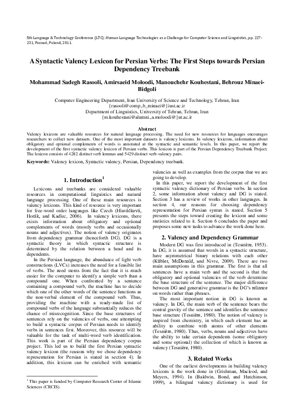 (PDF) A syntactic valency lexicon for Persian verbs: The first steps towards Persian dependency ...