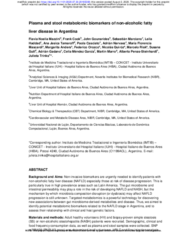 (PDF) Plasma and stool metabolomic biomarkers of non-alcoholic fatty ...