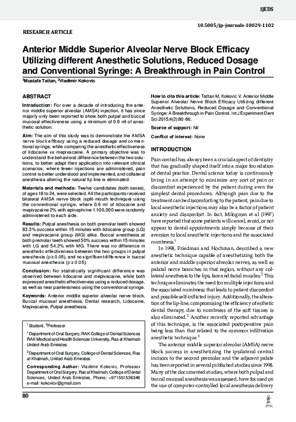 (PDF) Anterior Middle Superior Alveolar Nerve Block Efficacy Utilizing ...