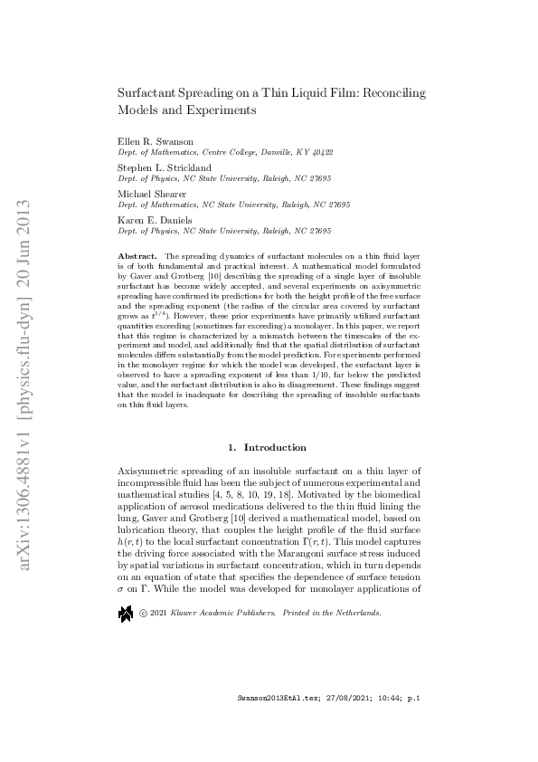 (PDF) Surfactant Spreading on a Thin Liquid Film: Reconciling Models and Experiments