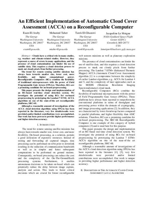 Pdf An Efficient Implementation Of Automatic Cloud Cover Assessment Acca On A Reconfigurable