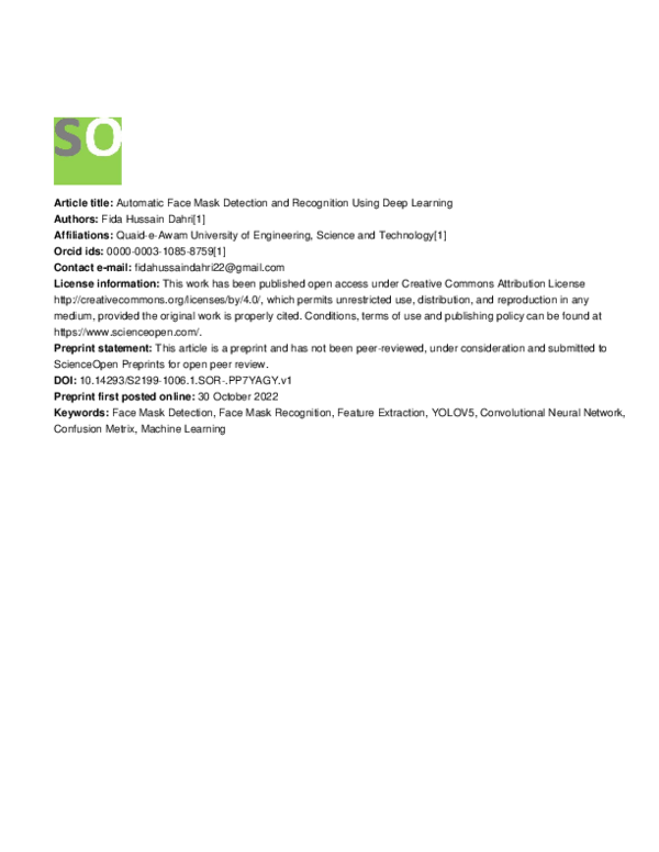 (PDF) Automatic Face Mask Detection and Recognition Using Deep Learning