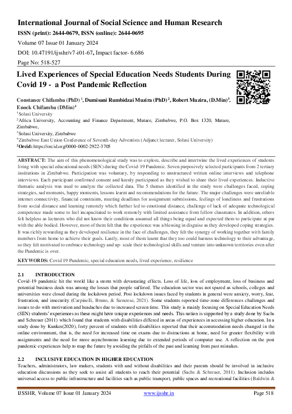 (PDF) Lived Experiences of Special Education Needs Students During Covid 19 - a Post Pandemic ...