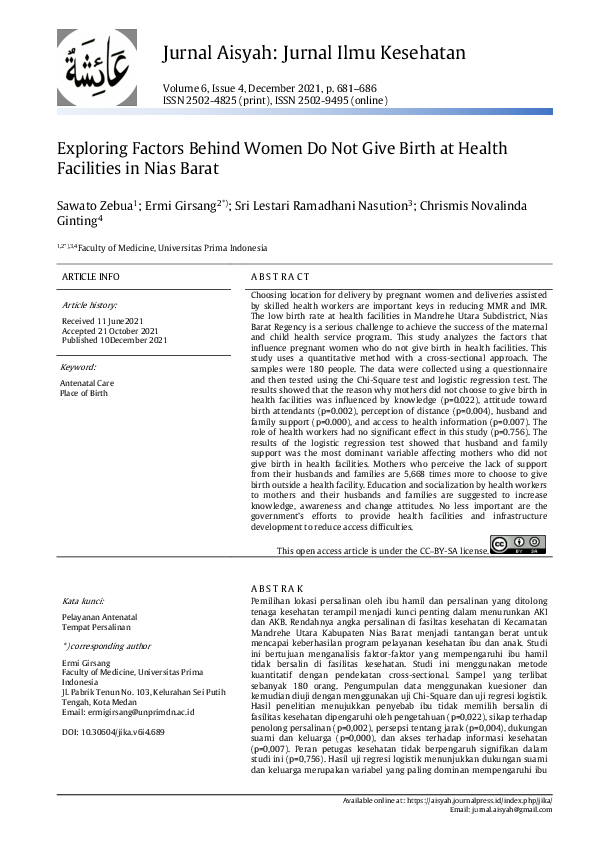 (PDF) Exploring Factors Behind Women Do Not Give Birth at Health ...