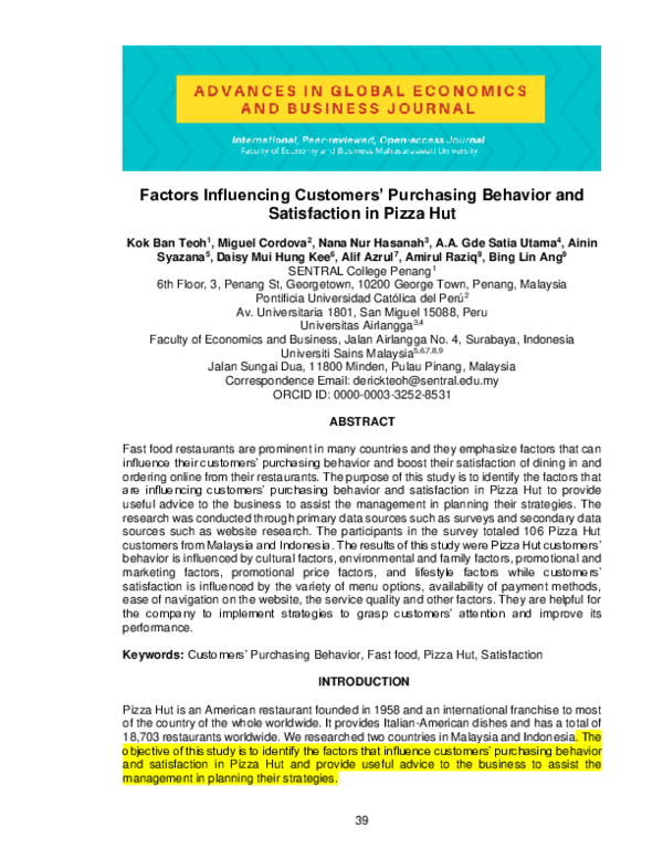 (PDF) Factors Influencing Customers’ Purchasing Behavior and Satisfaction in Pizza Hut
