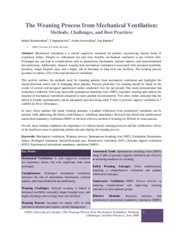 (PDF) The Weaning Process from Mechanical Ventilation: Methods, Challenges, and Best Practices