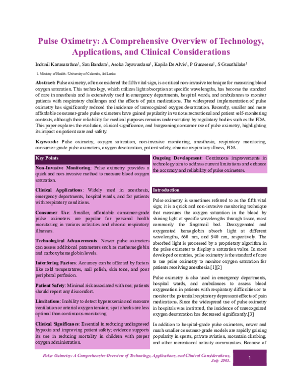 (PDF) Pulse Oximetry: A Comprehensive Overview of Technology ...