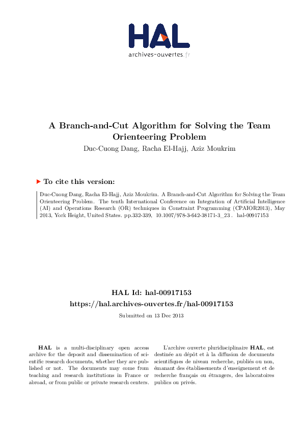 (PDF) A Branch-and-Cut Algorithm for Solving the Team Orienteering Problem