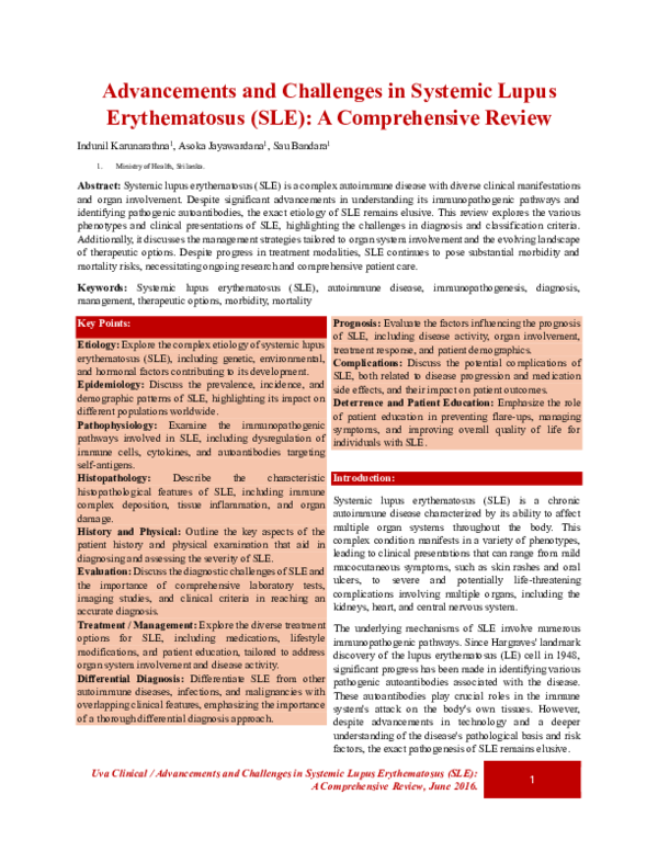 (PDF) Advancements and Challenges in Systemic Lupus Erythematosus (SLE): A Comprehensive Review