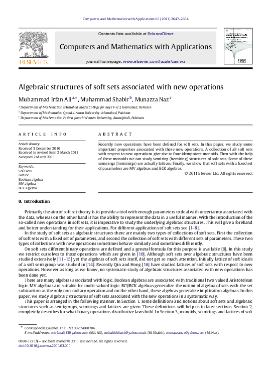 (PDF) Algebraic structures of soft sets associated with new operations