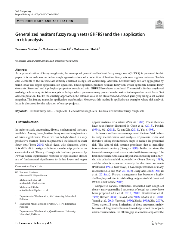 (PDF) Generalized hesitant fuzzy rough sets (GHFRS) and their application in risk analysis