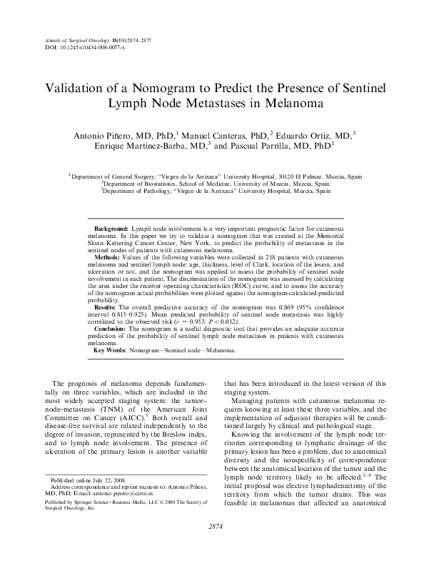 (PDF) Validation of a Nomogram to Predict the Presence of Sentinel Lymph Node Metastases in Melanoma