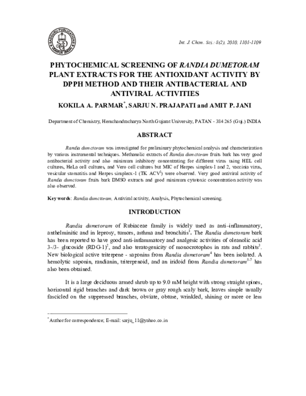 (PDF) Phytochemical Screening of RAndia Dumetoram Plant Extracts for the Antioxidant Activity by ...
