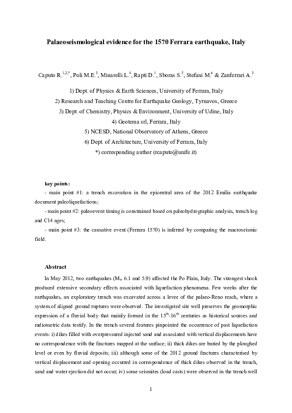 (PDF) Palaeoseismological evidence for the 1570 Ferrara earthquake, Italy