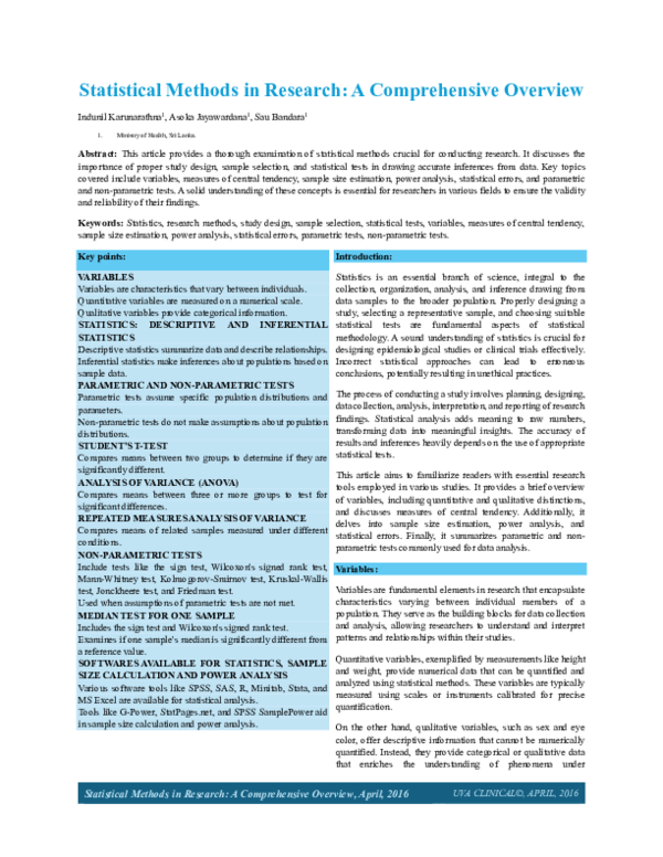 (PDF) Statistical Methods in Research: A Comprehensive Overview